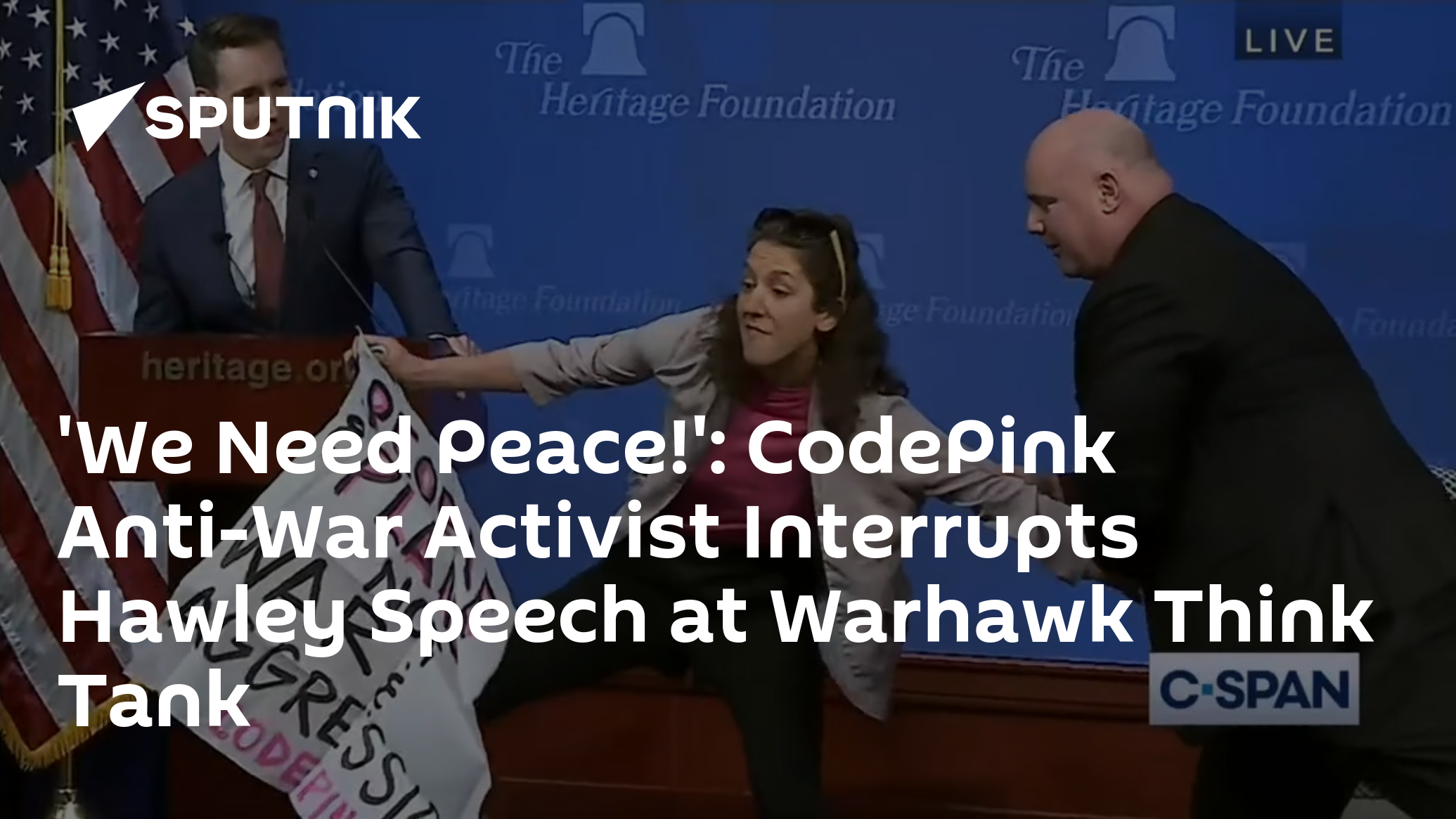CodePink Anti-War Activist Interrupts Hawley Speech at Warhawk Think Tank