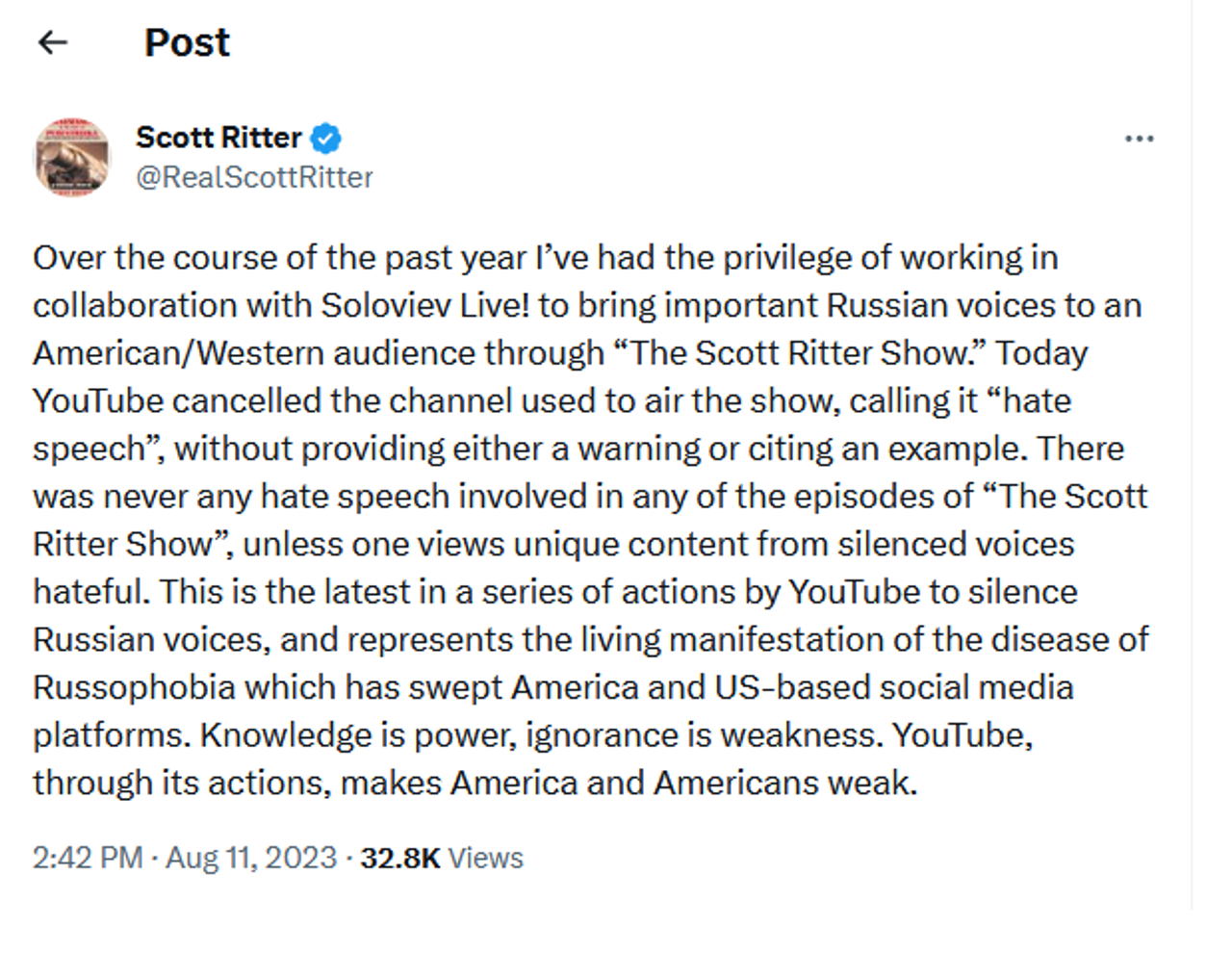YouTube Deletes Scott Ritter’s Channel - 11.08.2023, Sputnik International