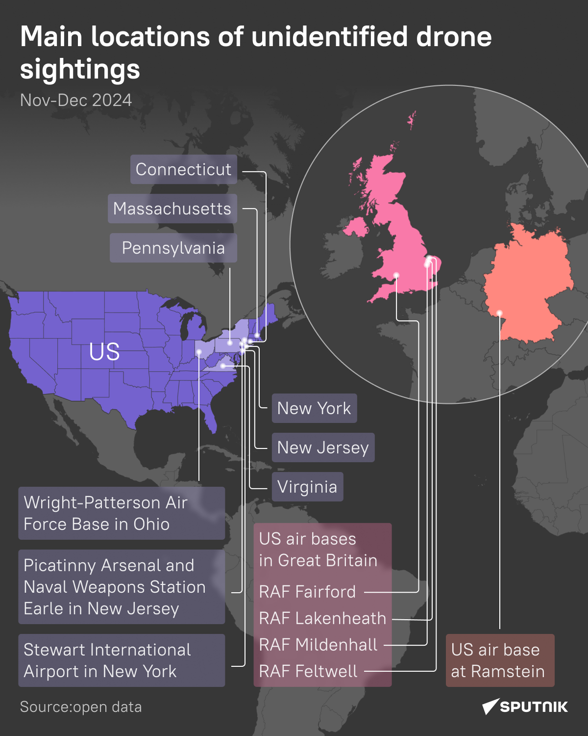 Main Locations of Unidentified Drone Sightings in US